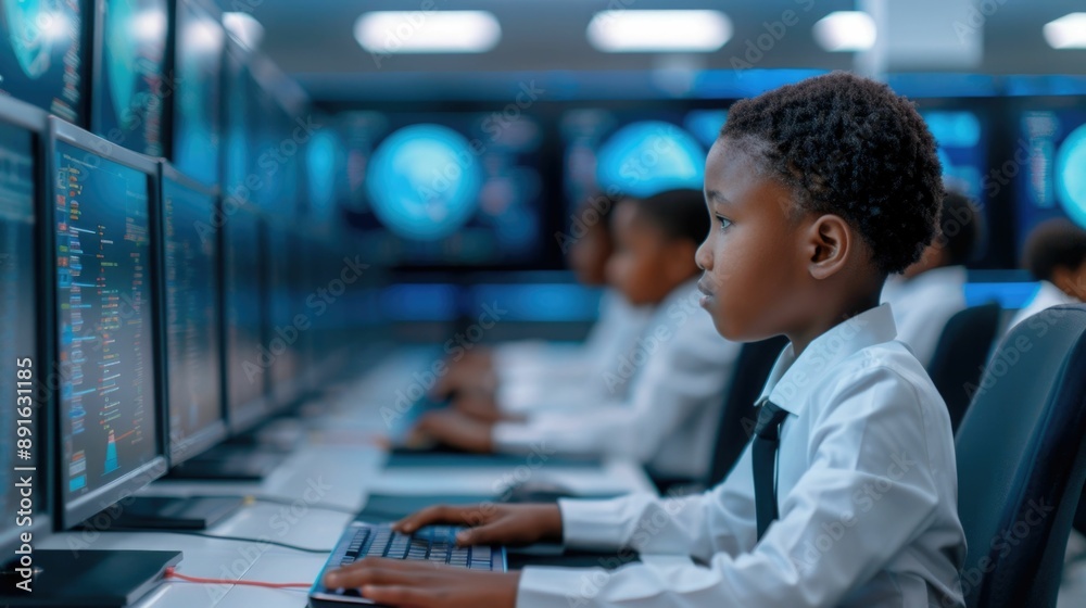 Primary teacher guiding group of young students in a computer lab ...