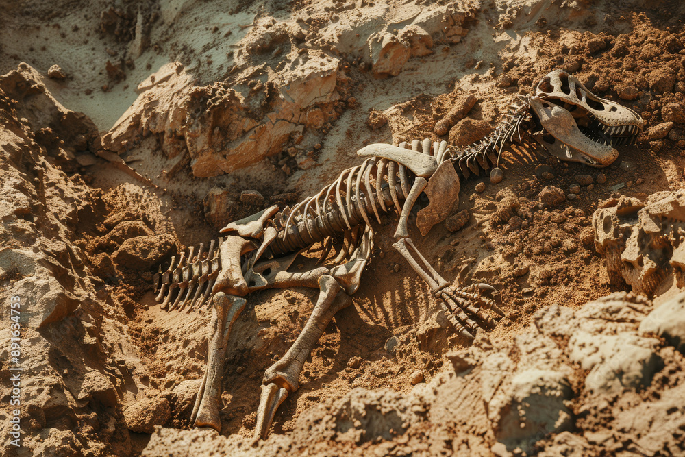 An almost complete fossil of a dinosaur embedded in the rocky terrain ...