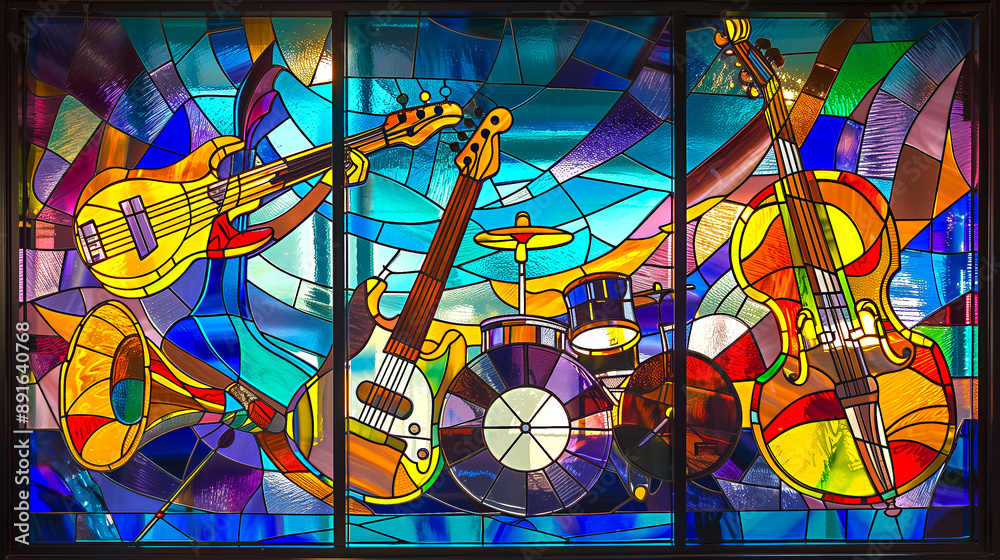 Multi-colored stained glass windows depicting musical instruments ...