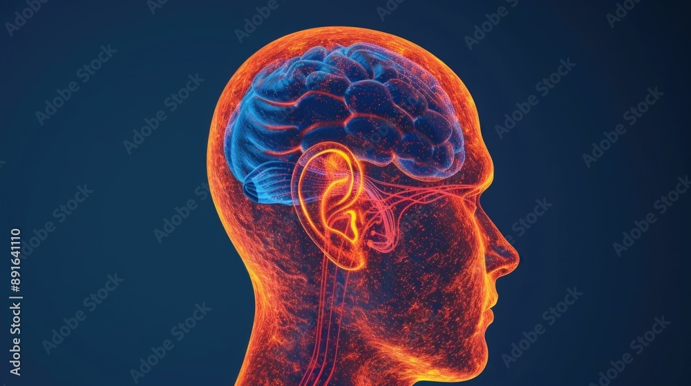Detailed 3D digital showing the internal structure of the brain with a ...