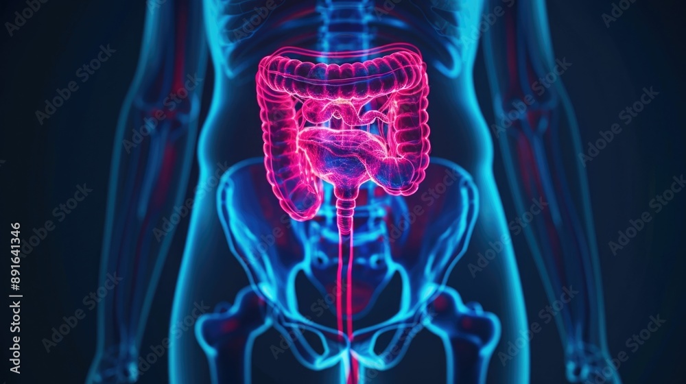 A detailed and visually striking transparent neon glowing bladder ...