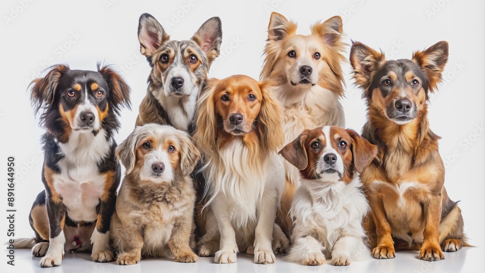 Adorable varied breeds of dogs with unique coats and sizes sit aligned ...