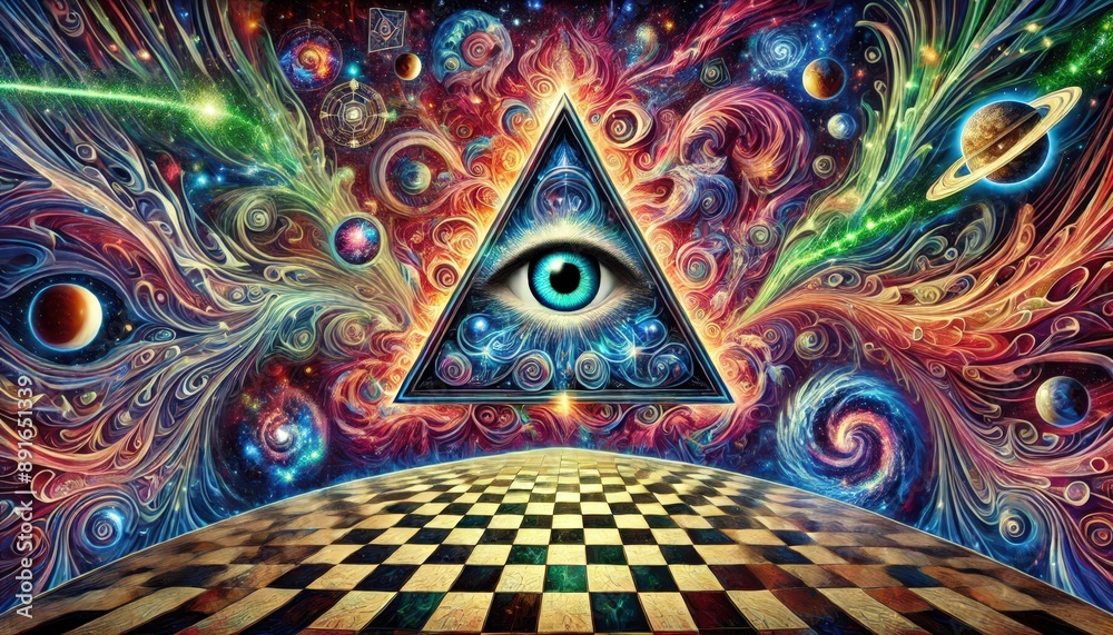 A vibrant and psychedelic digital artwork depicting an eye within a ...