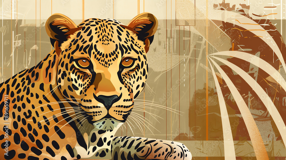 Vintage poster of leopard, retro colors, art deco style, textured ...