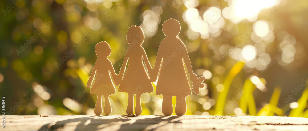Three wooden dolls, representing a family, standing together on a ...