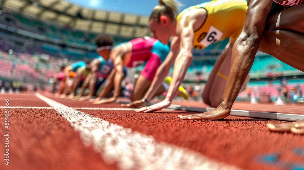 Athletes at the starting line of a track race, poised for a powerful ...