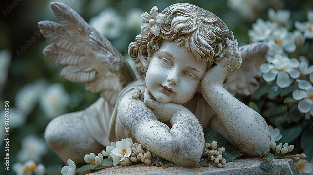 statue of an angelic figure, possibly a cherub, resting its head on its ...