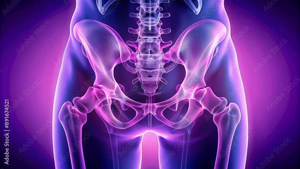 An x-ray image of a human pelvis, displaying the hip bones and femurs ...