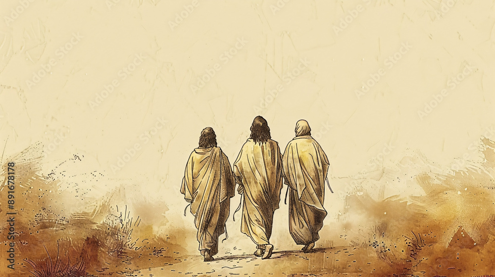 Jesus and disciples walking on the road to Emmaus, hearts burning with ...