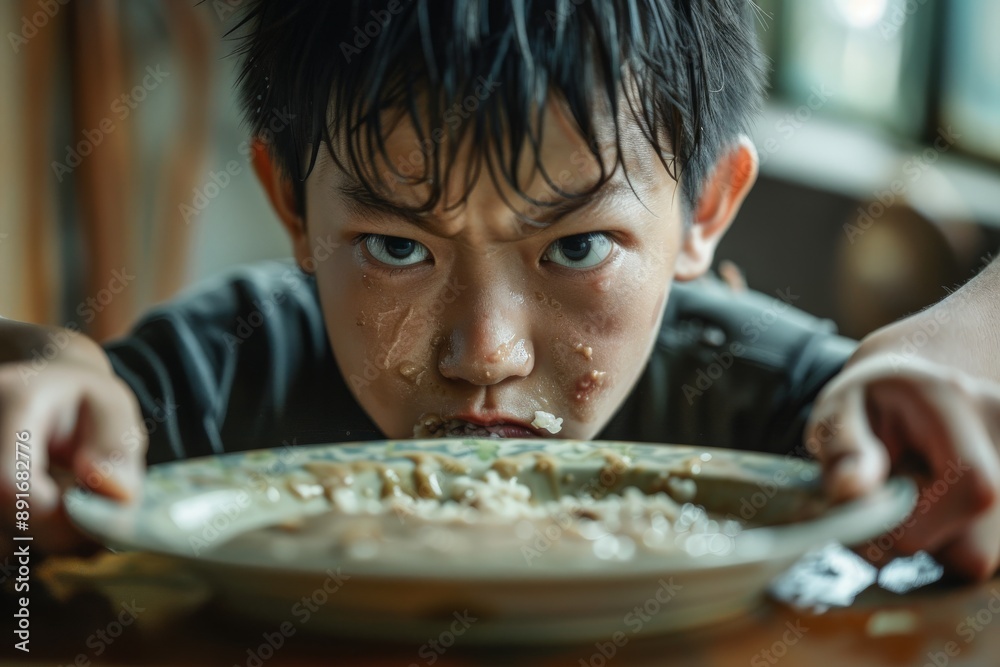 Young boy with a focused and intense expression on his face while ...