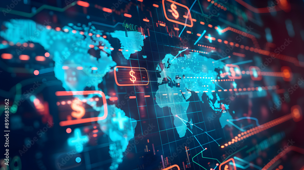High Quality Background Of A Global Financial Network Map With Connections And Currency Symbols