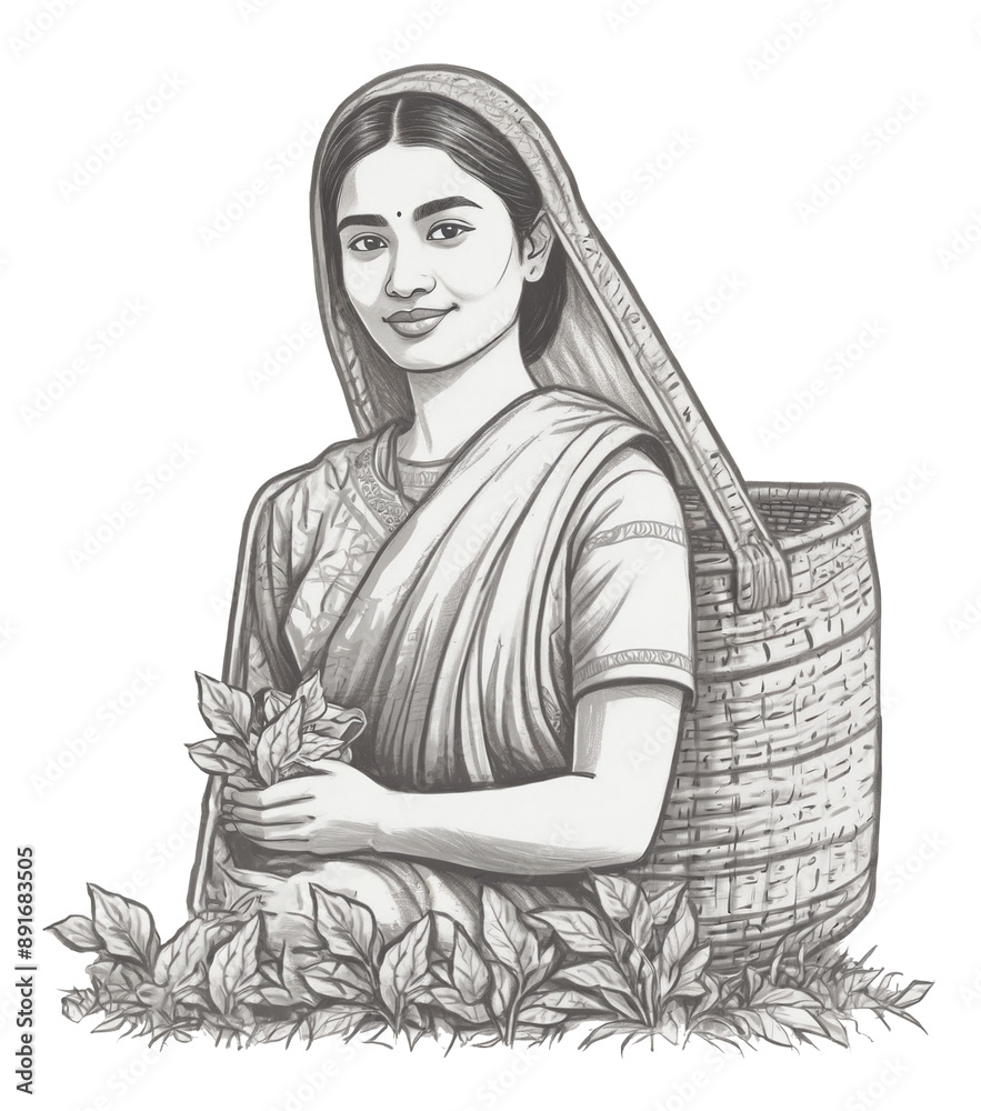 Female tea pickers harvesting leaves. Hand drawn sketch style. Sketch ...