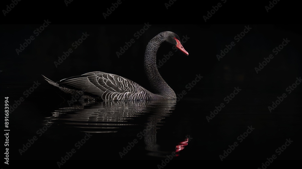Australian black swan gracefully gliding on calm water with a dark ...
