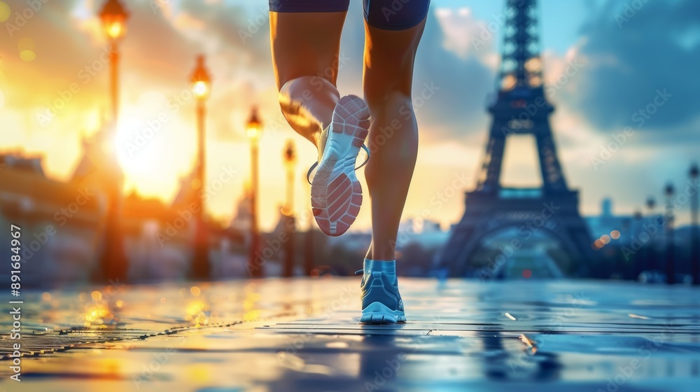 Female runner in paris, eiffel tower background summer olympics 2024 ...