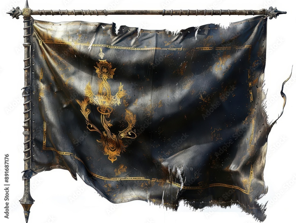 Ancient worn and tattered medieval flag with intricate golden emblem ...
