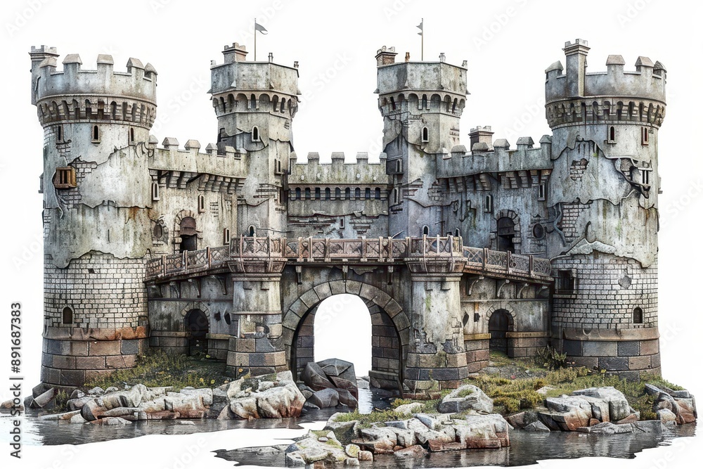 Majestic medieval castle with stone architecture and towers, isolated ...