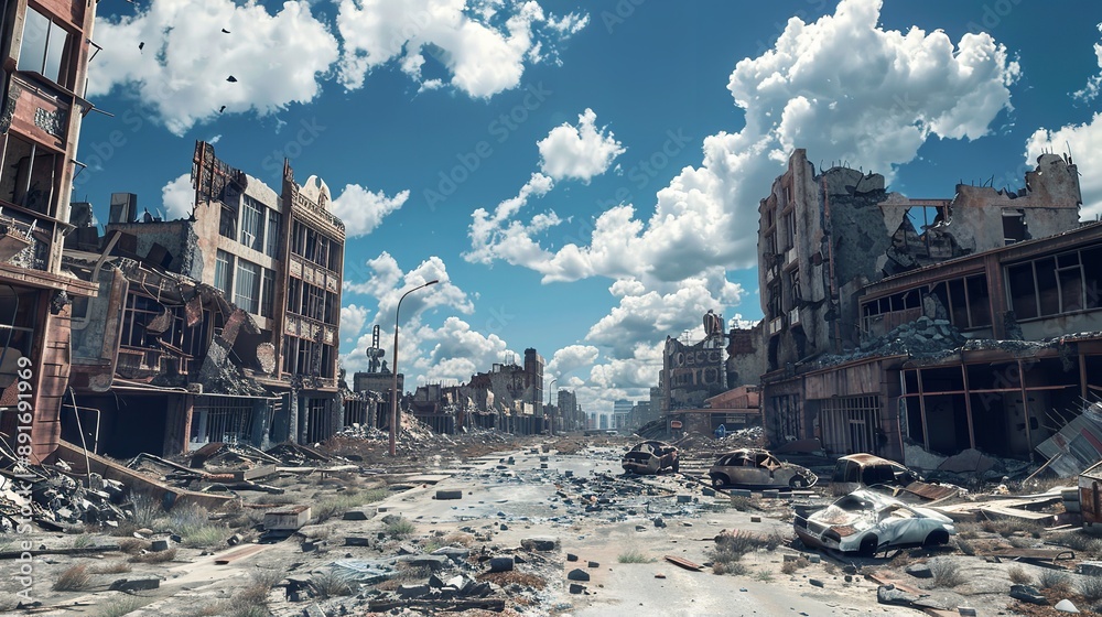 empty street of burnt up city apocalyptic view of city downtown as ...