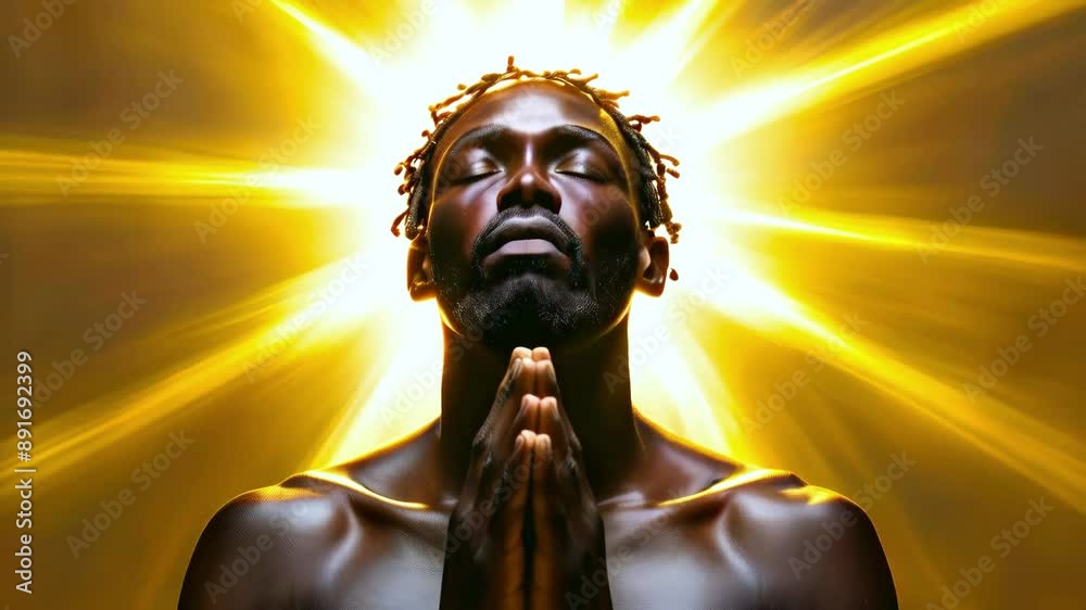 black Jesus Christ face praying portrait with halo and light rays ...