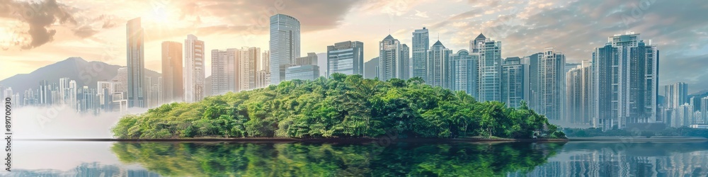 Abstract Double Exposure: Lush Green Forest Merging with Modern Urban ...