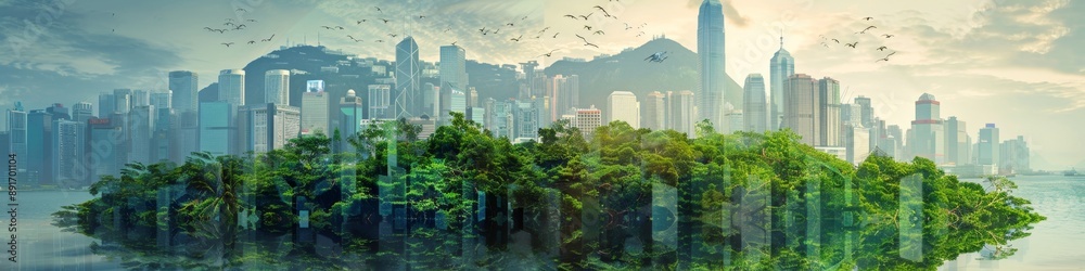 Abstract Double Exposure: Lush Green Forest Merging with Modern Urban ...