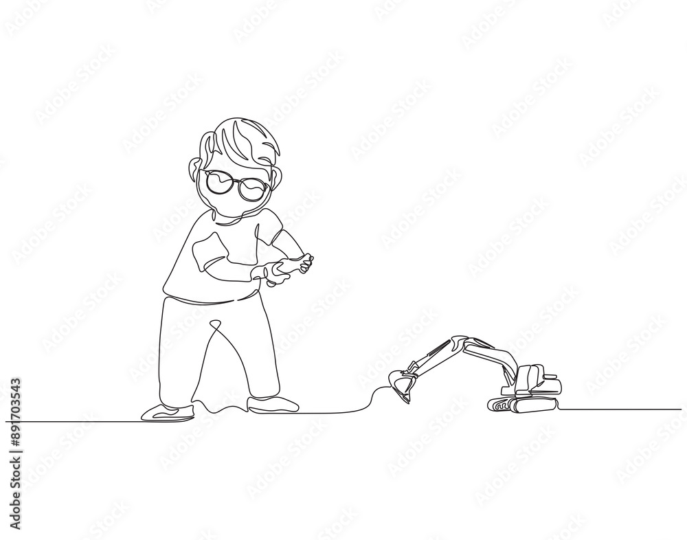 Continuous one line drawing of boy playing excavator toy by holding ...