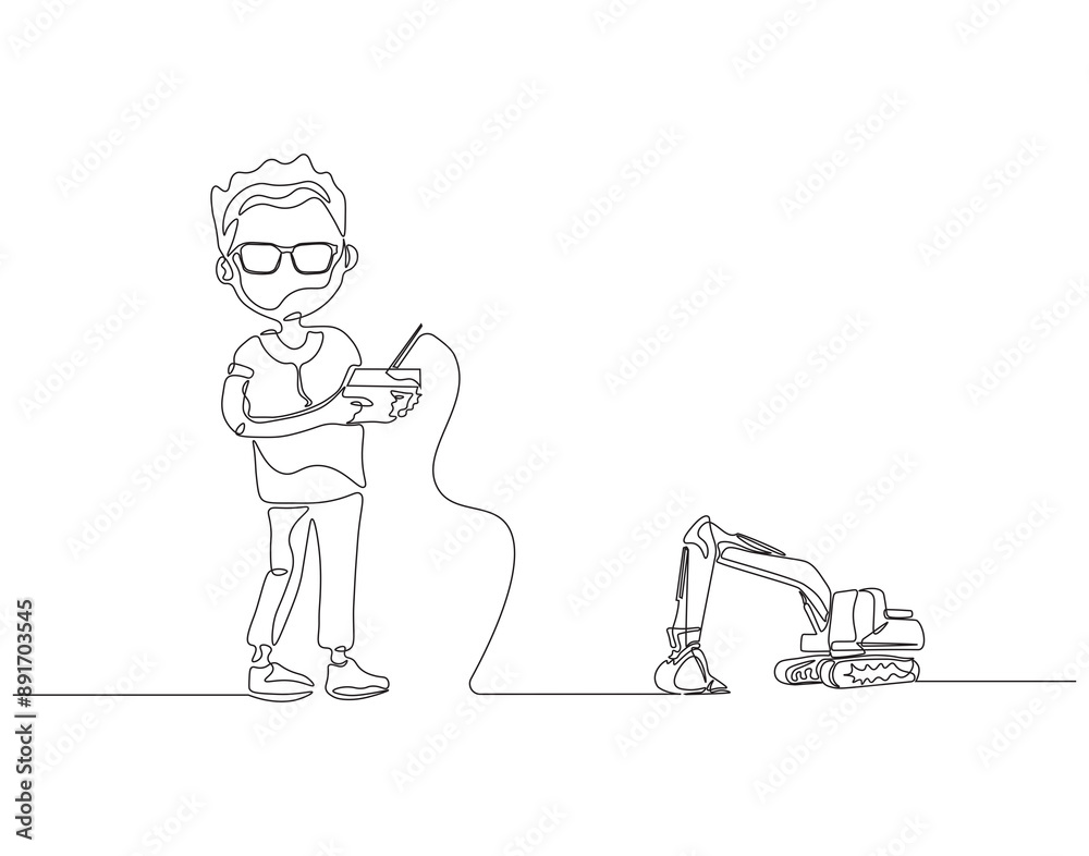 Continuous one line drawing of boy playing excavator toy by holding ...