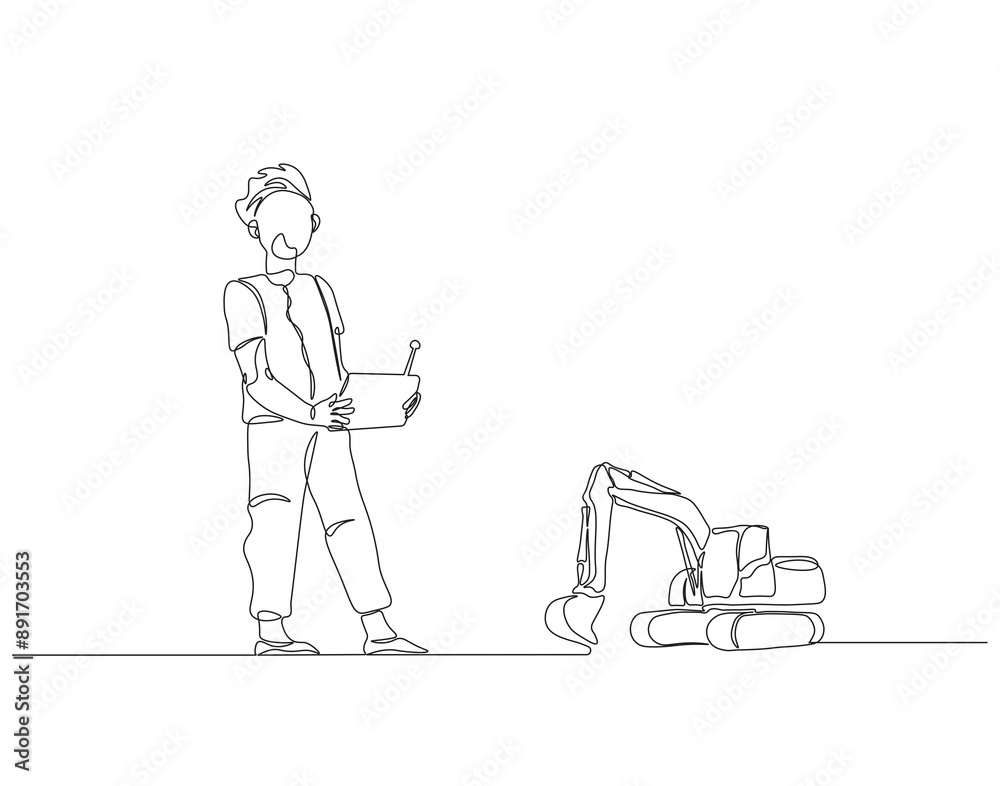 Continuous one line drawing of boy playing excavator toy by holding ...