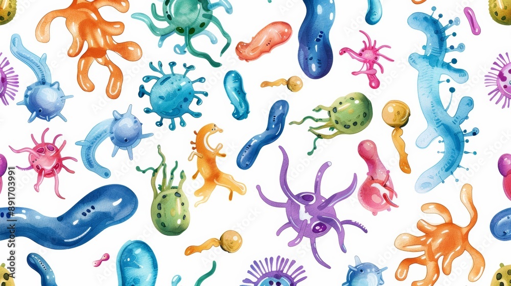 Cartoon seamless pattern of watercolor microorganisms amoeba isolated ...