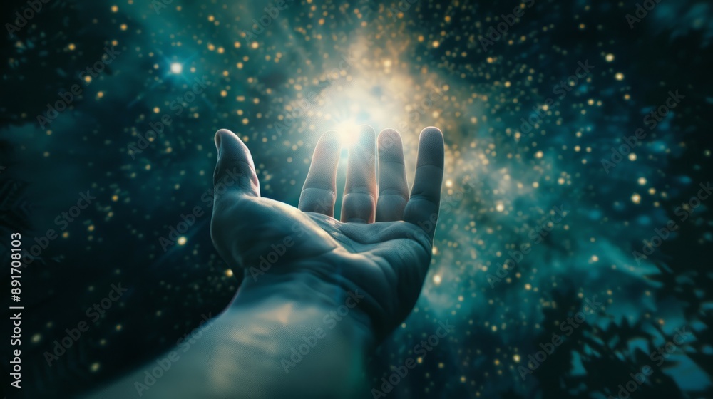 Hand reaching for light in night sky. A single hand reaches up towards ...