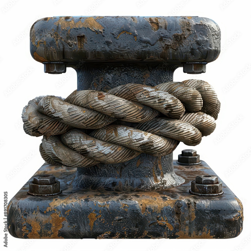 Close-up of a weathered marine bollard with rust and heavy rope wrapped ...