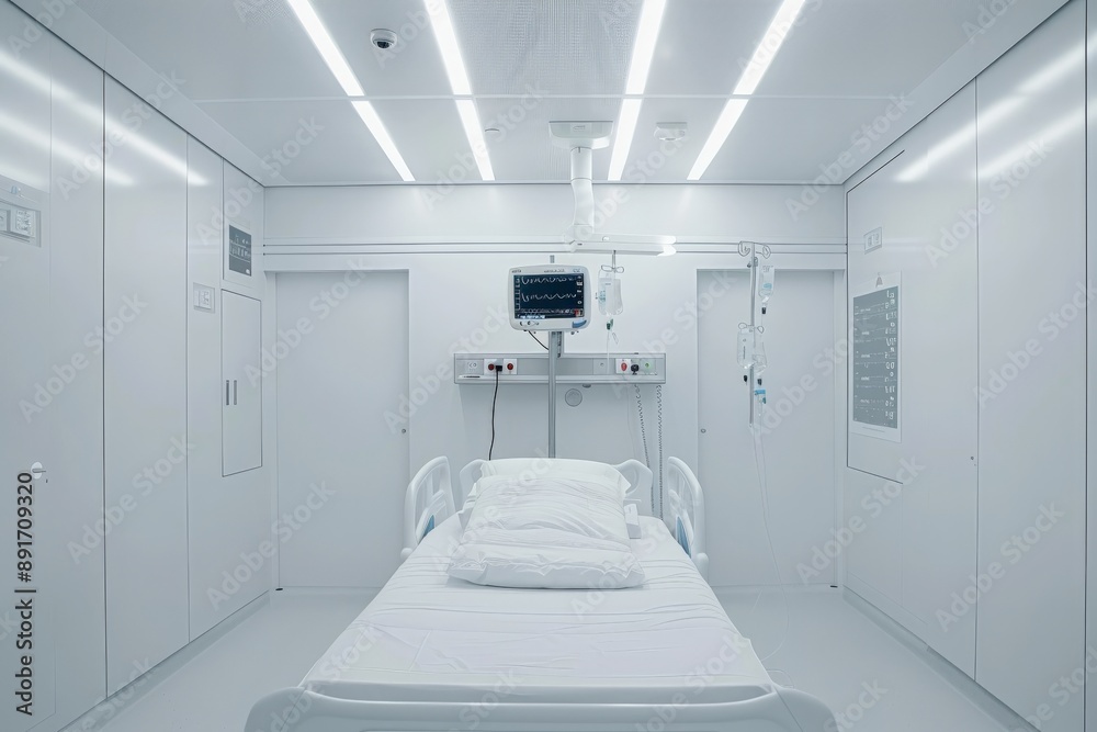 A modern, minimalistic hospital room with a single bed, advanced ...