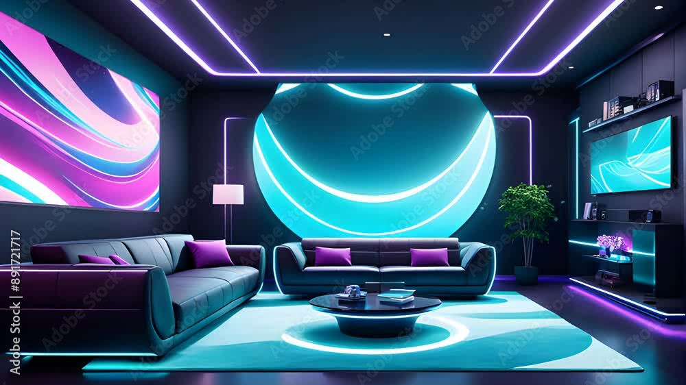 Animated virtual background with cozy futuristic cyberpunk living room ...