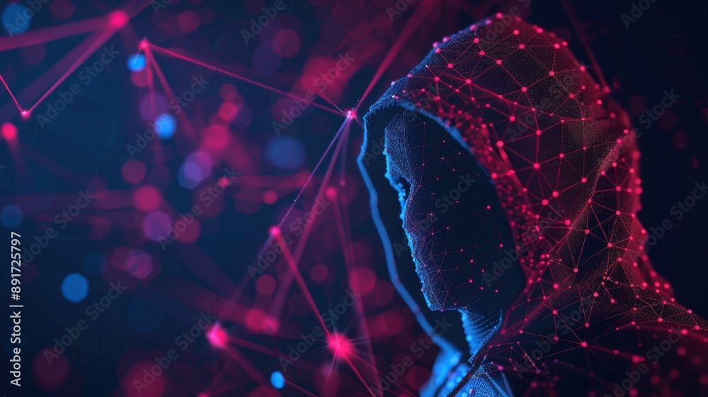 Concept of cyber security depicted with a digital abstract hacker, wearing a hoodie obscuring ...