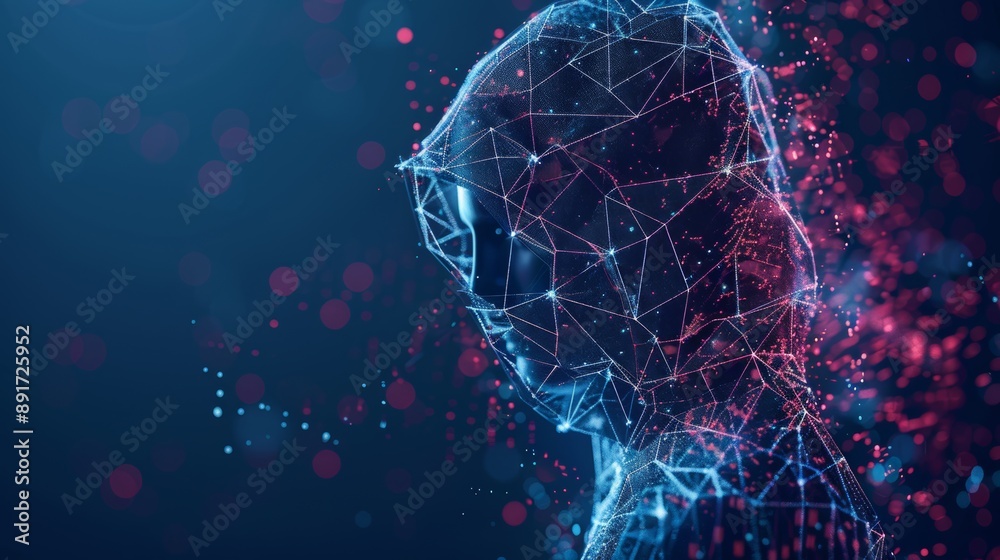 Concept of cyber security depicted with a digital abstract hacker, wearing a hoodie obscuring ...