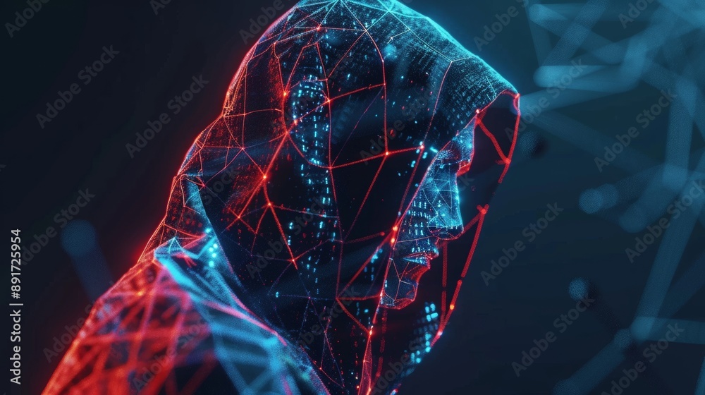 Concept of cyber security depicted with a digital abstract hacker, wearing a hoodie obscuring ...