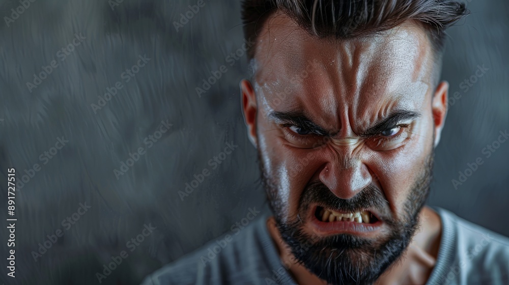 Portrait of angry aggressive man on gray background with copy space ...