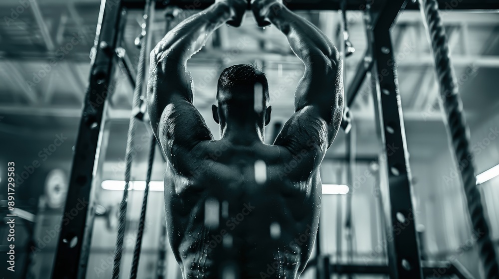 A muscular athlete trains in a modern gym, his back to the camera as he ...