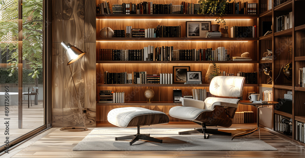A modern reading room with wooden shelves, a recliner, and a large ...