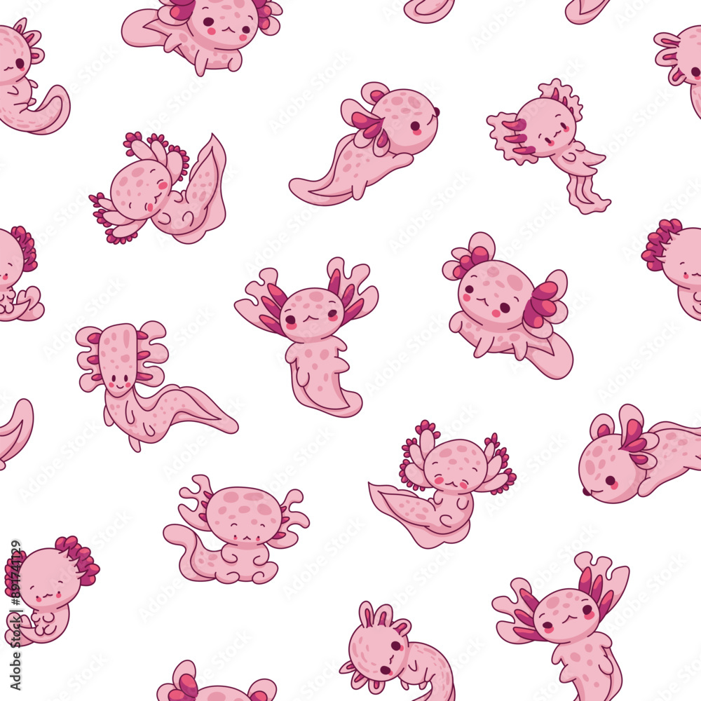 Cute axolotl character. Seamless pattern. Kawaii ambystoma amphibian ...