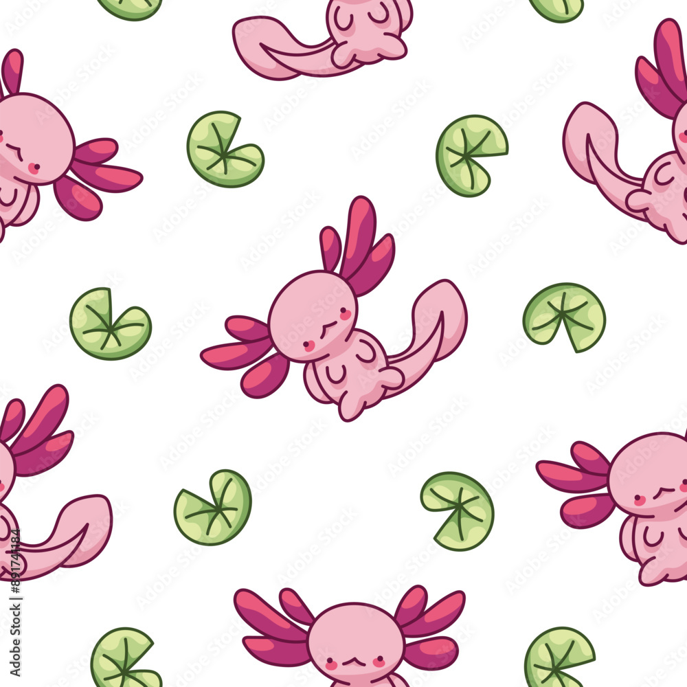 Cute axolotl character. Seamless pattern. Kawaii ambystoma amphibian ...