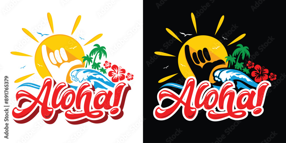 Aloha Hawaii beach vibes. Tropical island with aloha - lettering, sun ...