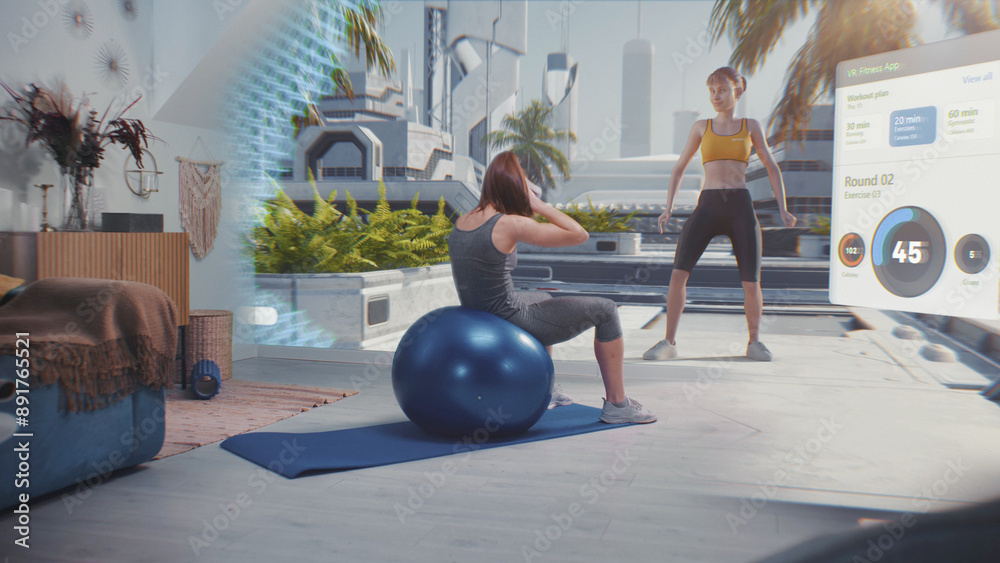 Sportswoman in AR headset exercises with fitball. VR screen shows ...