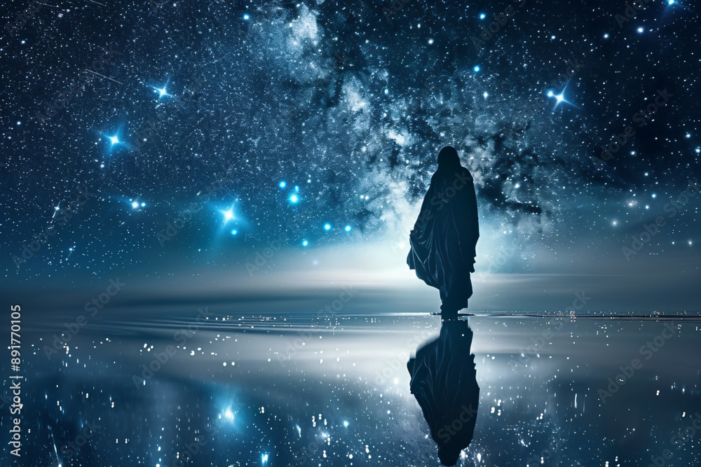 Ethereal figure of Jesus walking on water under a starry sky, depicting ...