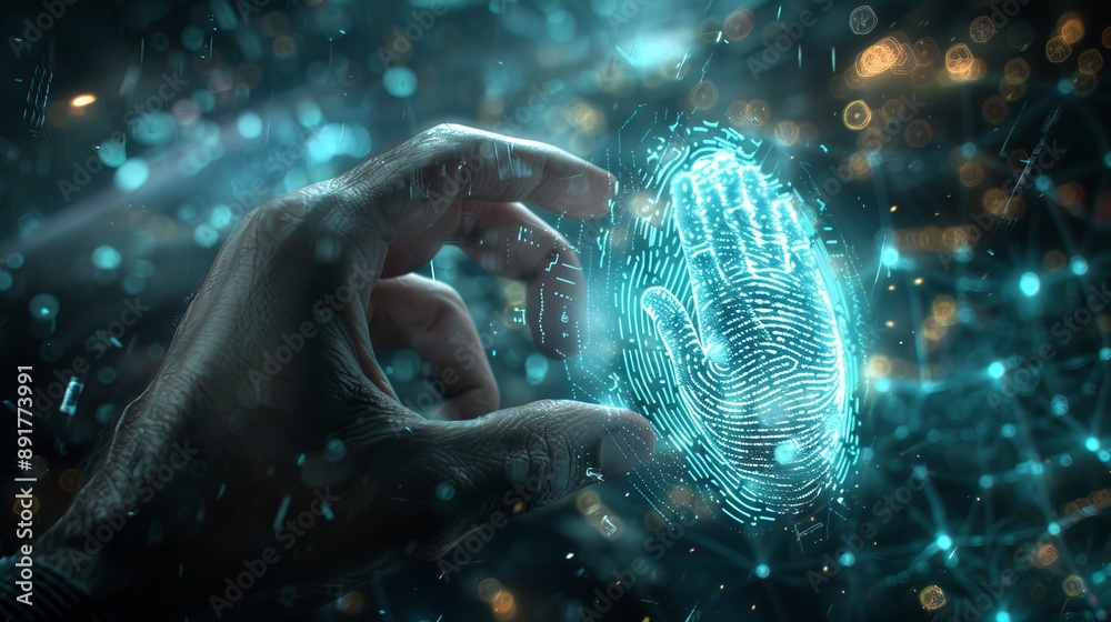 Digital Genesis: A spectral hand, formed of shimmering data streams ...