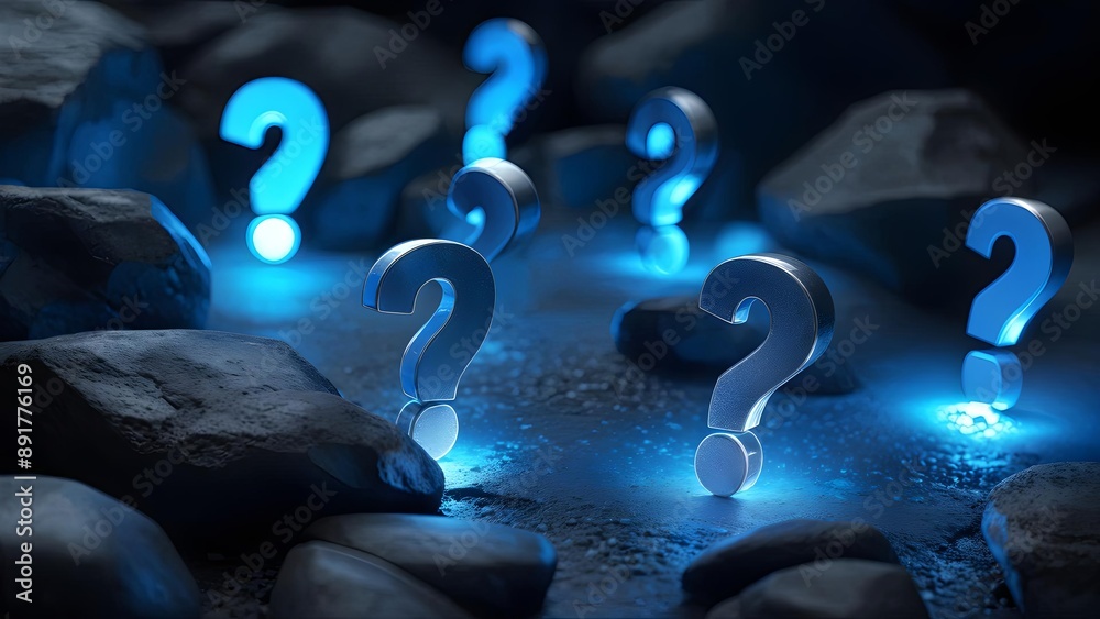 Glowing question marks in dark rocky setting, symbolizing mystery and ...