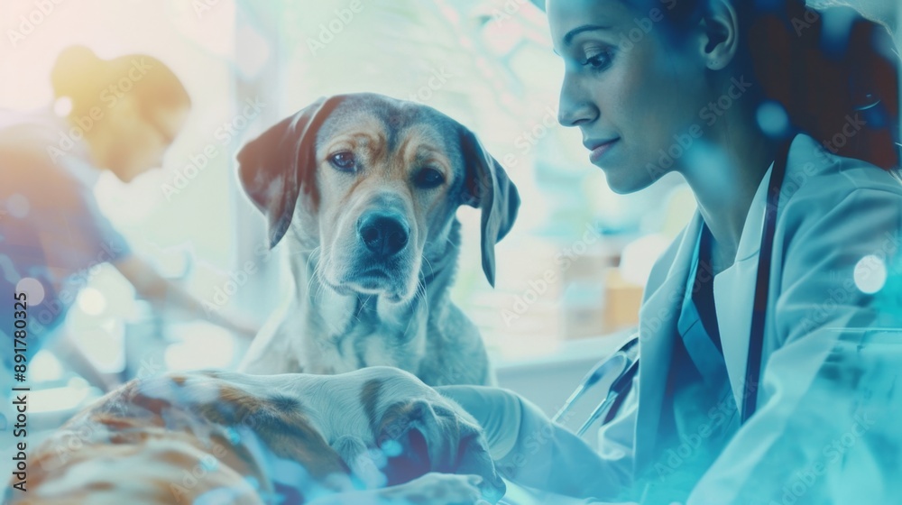 A veterinarian gently examines a dog while showing compassion and care ...