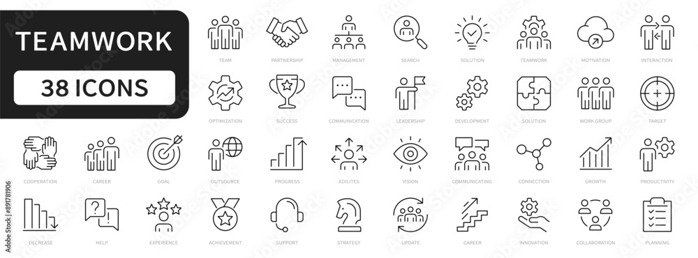 Teamwork line icons set. Collaboration, Teamwork, Partnership, Team ...