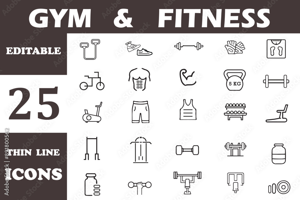 Gym and Fitness thin Line Editable Icons set. Fitness and gym related ...