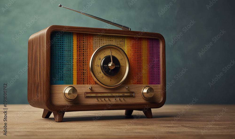 Vintage Radio Design Featuring Wooden Case and Retro Dials on a Bright ...