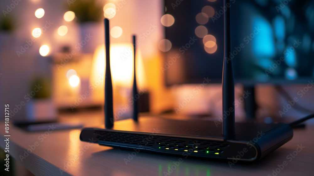 Closeup of an advanced wireless router with sleek design and LED ...